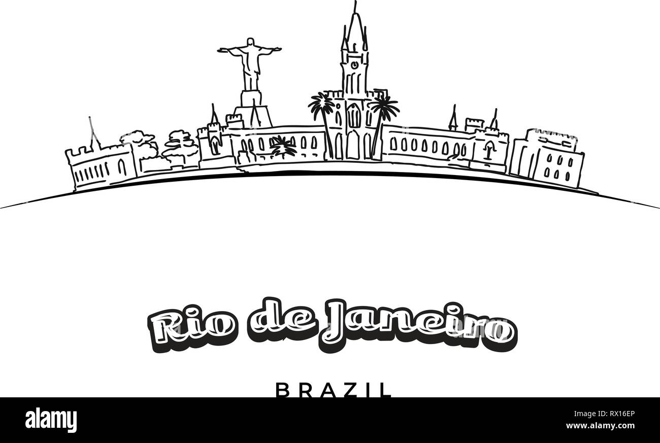 Rio de Janeiro panorama drawing. Hand-drawn high quality vector outline ...
