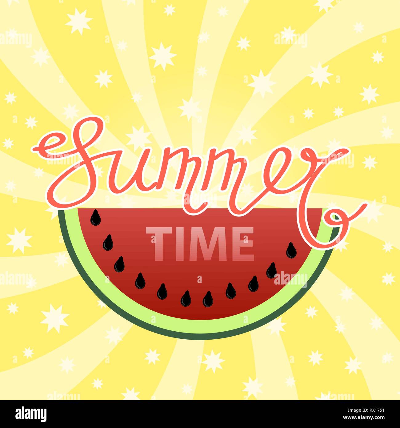 Lettering Summer Time Text with Watermelon on Yellow Swirl Starry ...