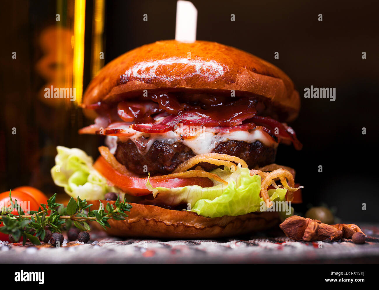Fast food closeup with traditional tasty hamburger Stock Photo - Alamy