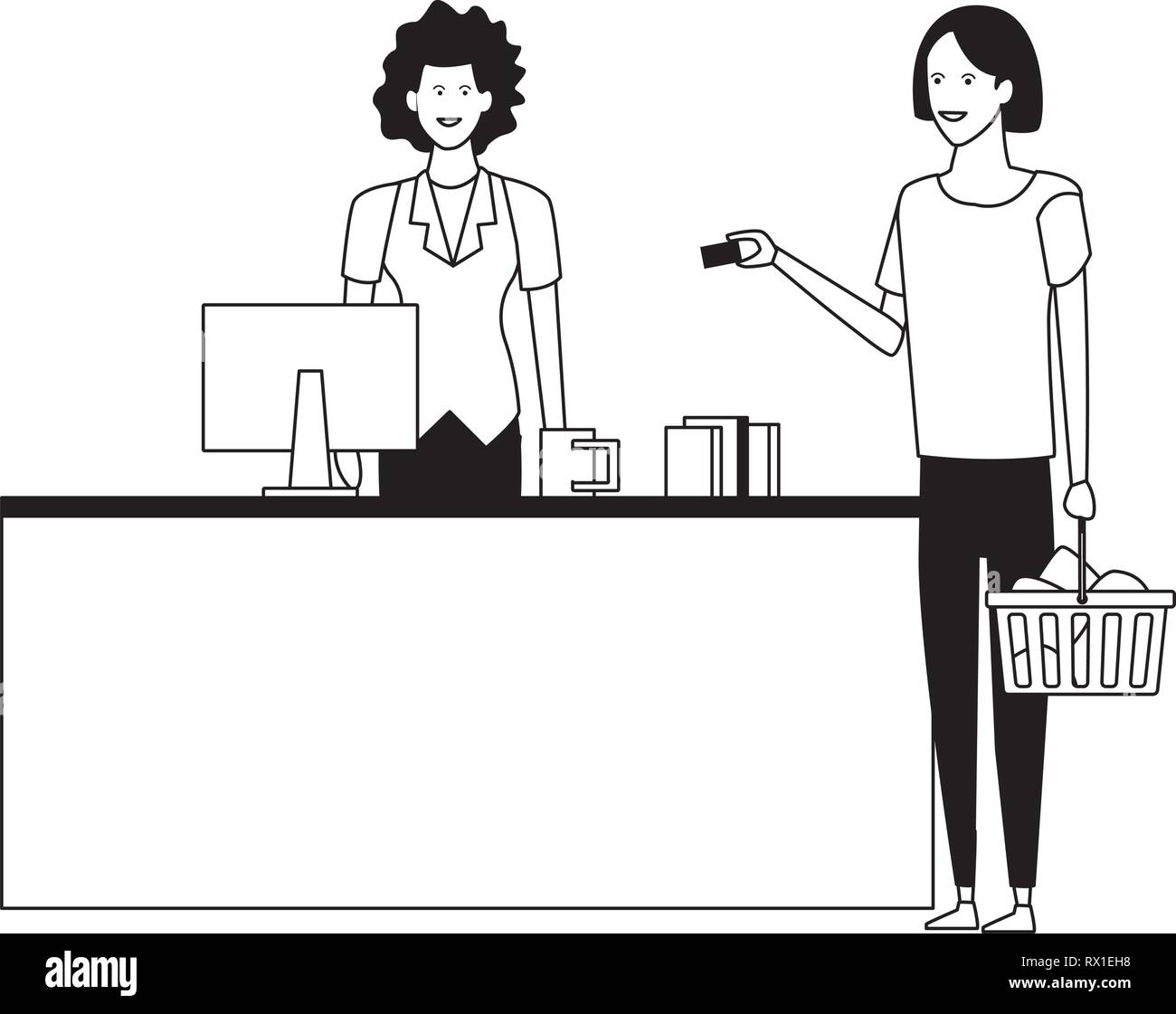supermarket cashier and customers with shopping bags in black and white ...