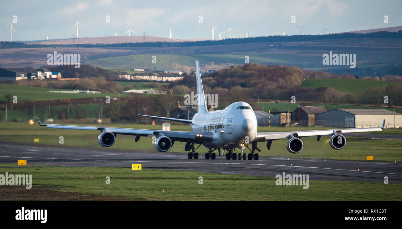Prestwick, UK. 7 March 2019. Cargolux special paint scheme of beluga ...