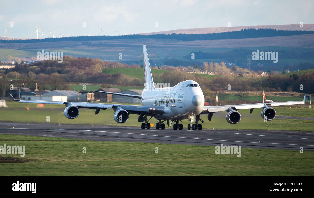 Prestwick, UK. 7 March 2019. Cargolux special paint scheme of beluga ...