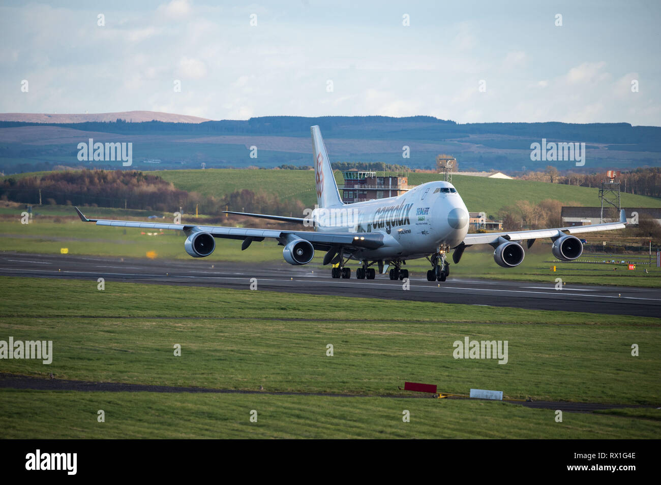 Prestwick, UK. 7 March 2019. Cargolux special paint scheme of beluga ...