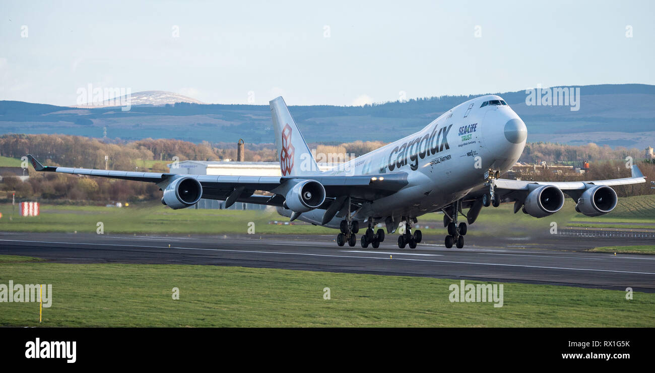 Prestwick, UK. 7 March 2019. Cargolux special paint scheme of beluga ...