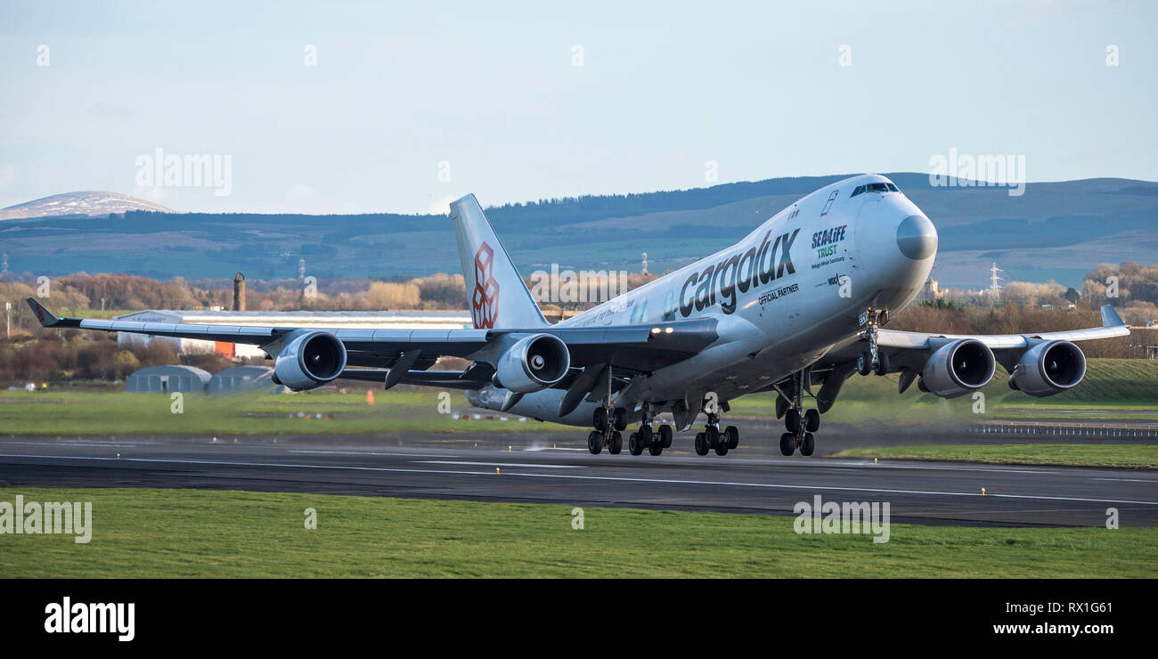 Prestwick, UK. 7 March 2019. Cargolux special paint scheme of beluga ...