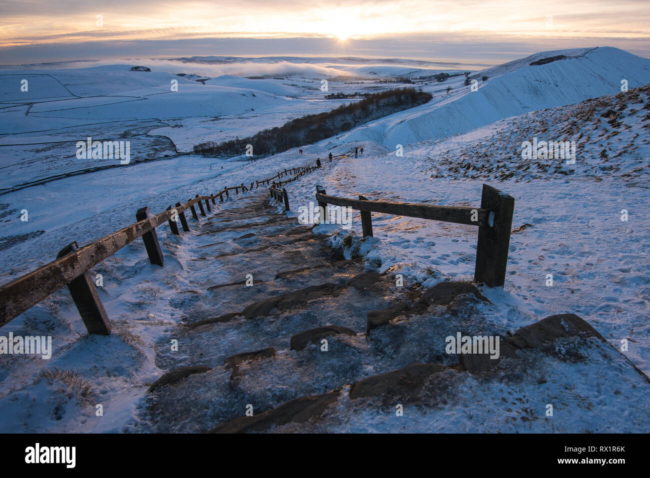 Mam tor covered in Snow during Sunset in the Peak District Stock Photo ...