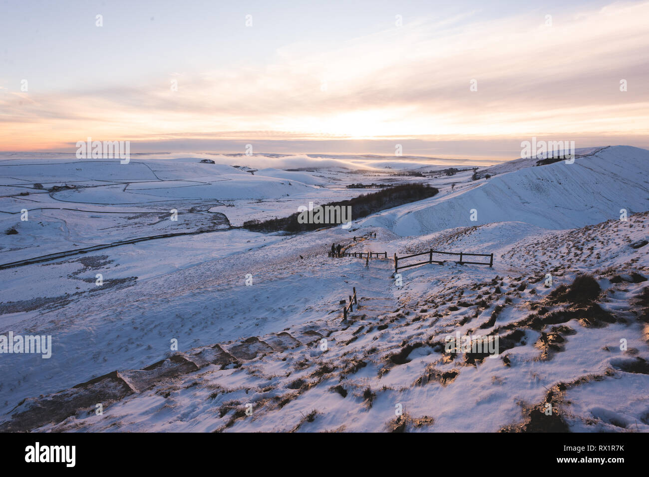 Mam tor covered in Snow during Sunset in the Peak District Stock Photo ...