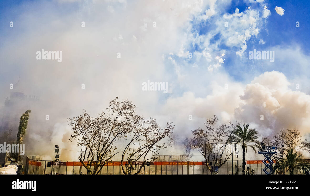 Valencia, Spain - March 7, 2019: Great smoke caused by the explosion of ...