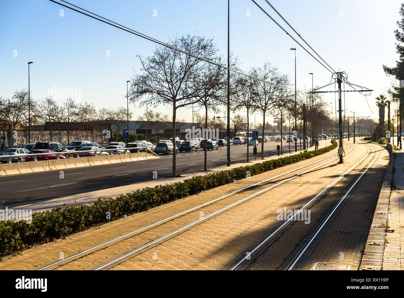 Valencia, Spain - February 28, 2019: Road congested by traffic jam next ...