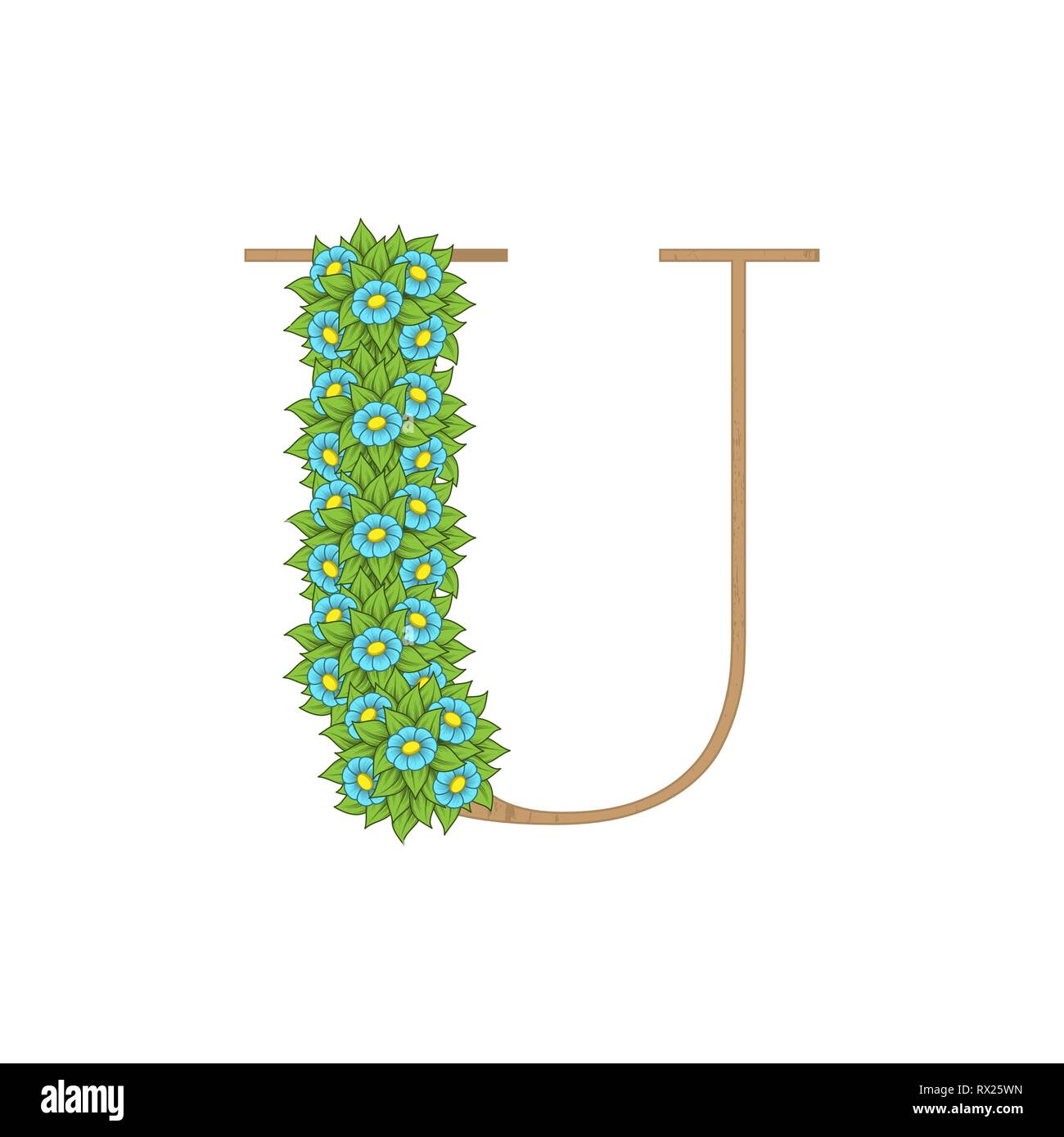 Letter U wooden texture with green leaves and flowers Stock Vector ...