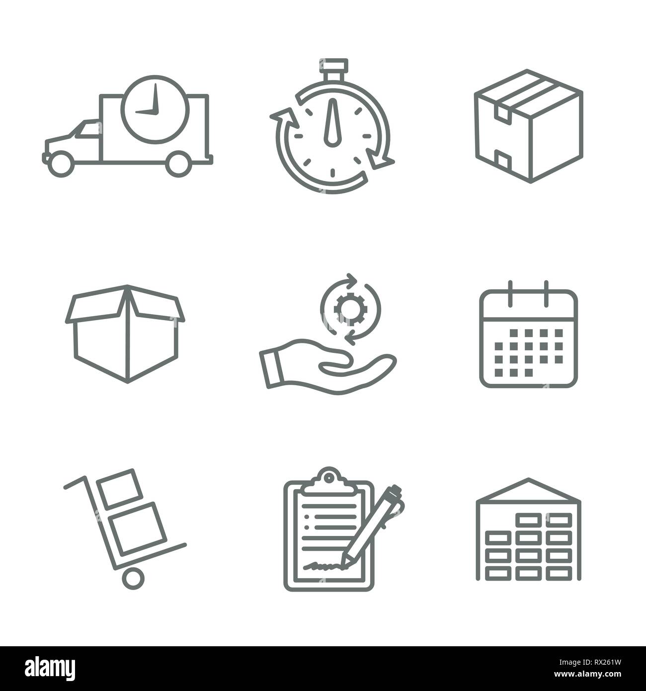 Shipping and Receiving Icon Set w Boxes, Warehouse, checklist, etc ...