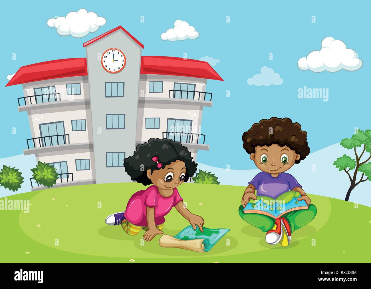 Children in front of building illustration Stock Vector Image & Art - Alamy