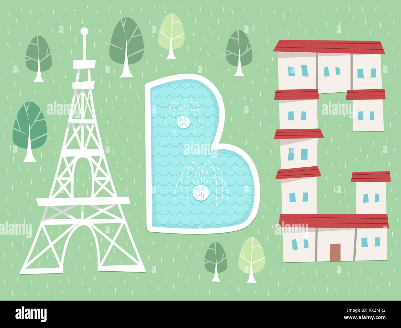 Illustration of a Tower, Pool and Houses in ABC Lettering Design Stock ...