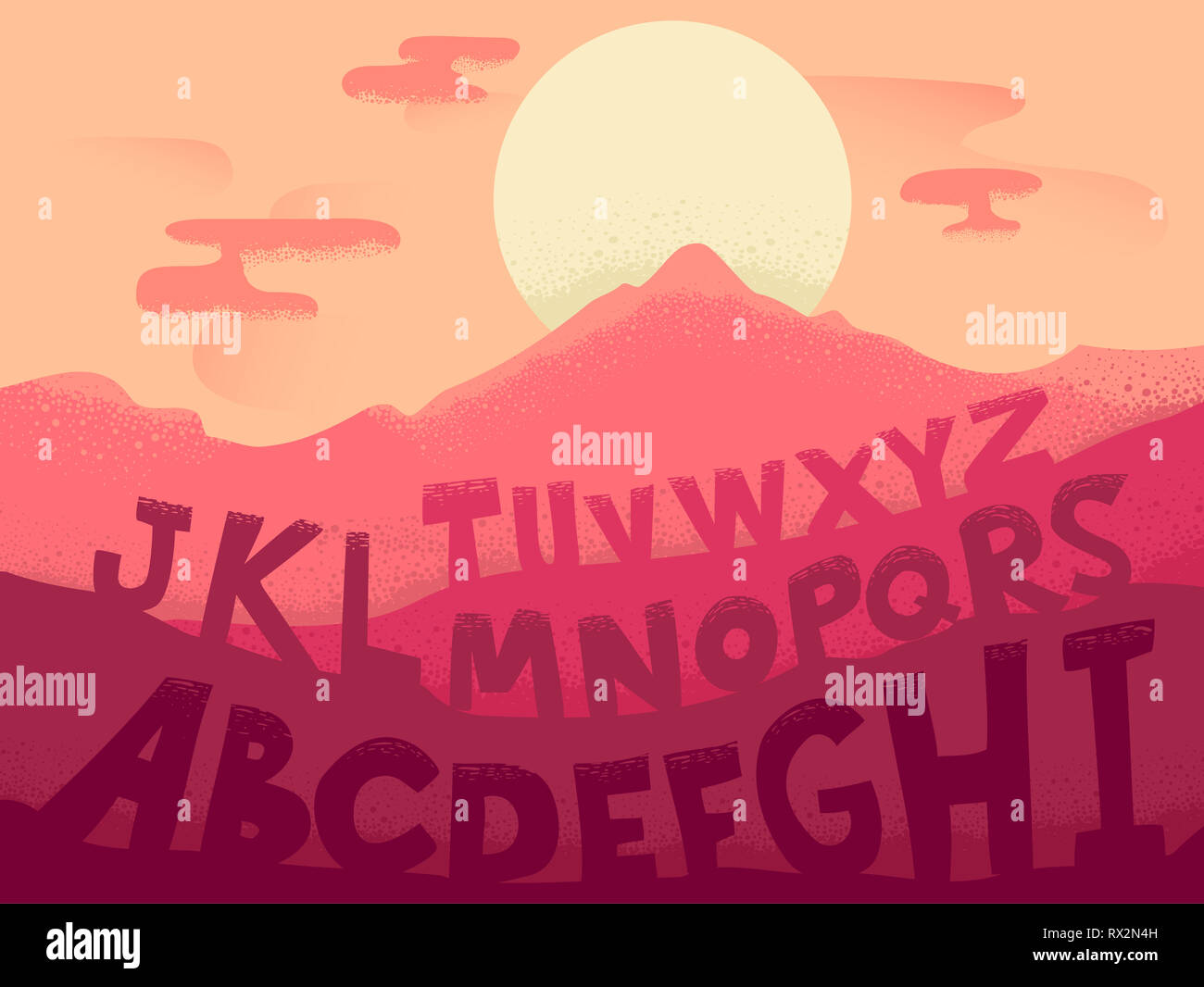 Illustration of an Alphabet Landscape with the Sun Setting Behind the ...