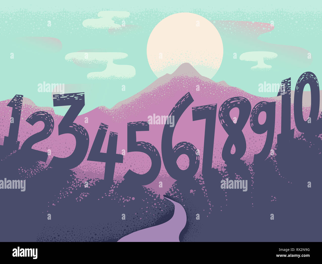 Illustration of a Landscape with Numbers and the Sun Stock Photo - Alamy