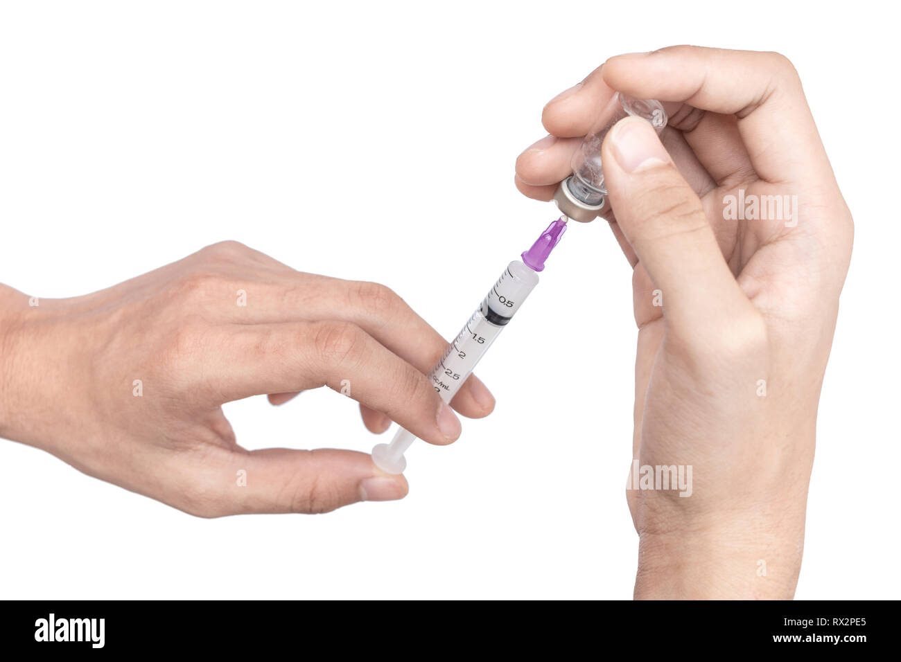 Doctor hand holding vials medication and injection needle isolated on ...