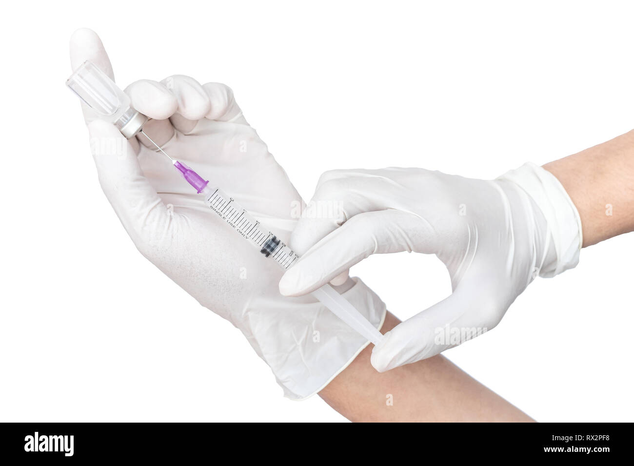 Doctor hand holding vials medication and injection needle isolated on ...