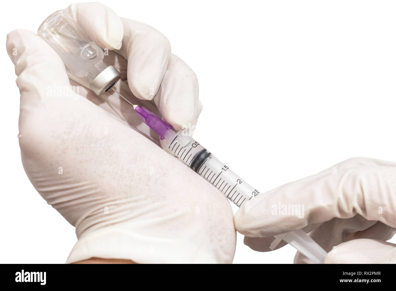 Doctor hand holding vials medication and injection needle isolated on ...