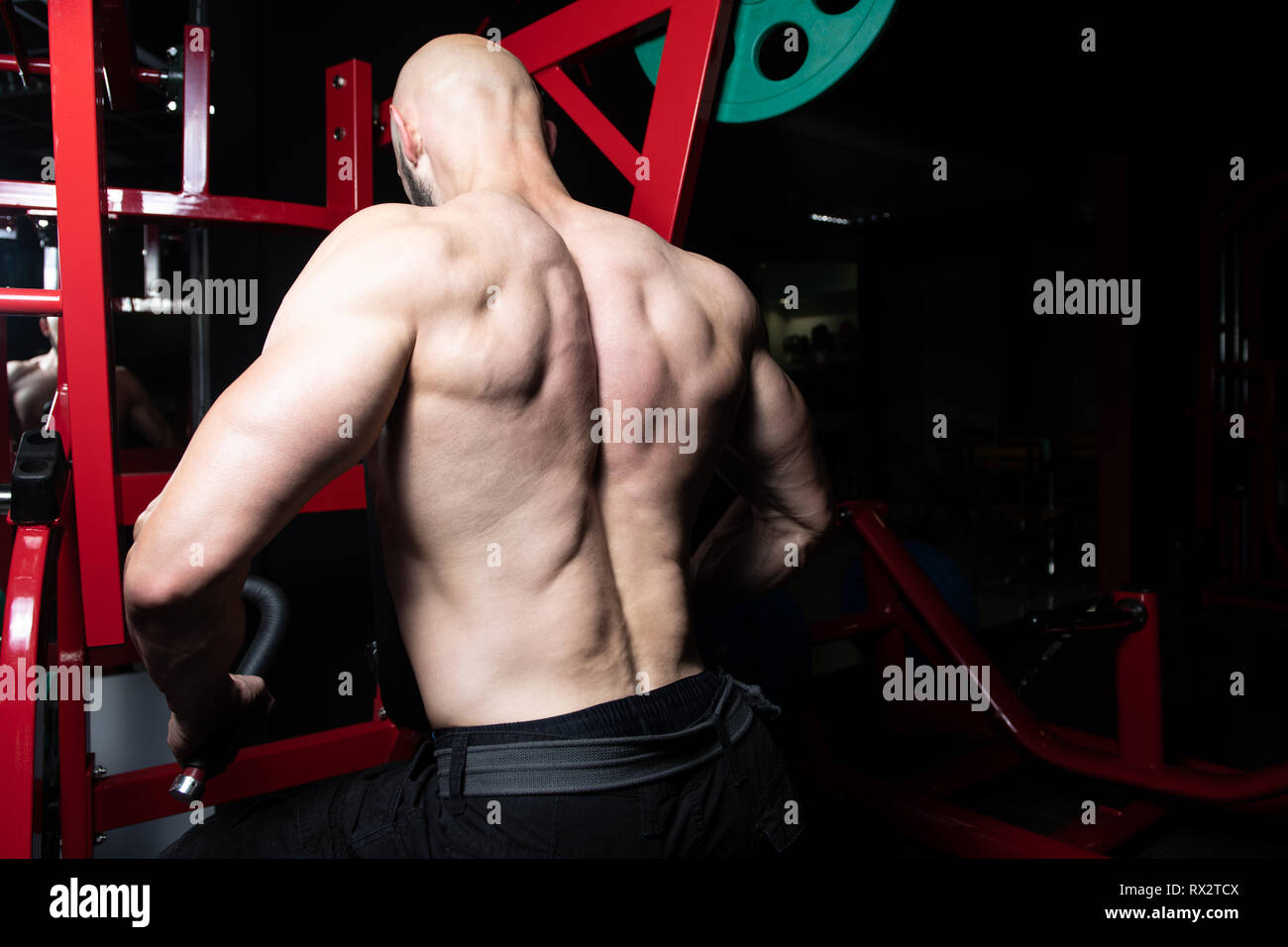 Handsome Bodybuilder Doing Heavy Weight Exercise For Back On Machine ...
