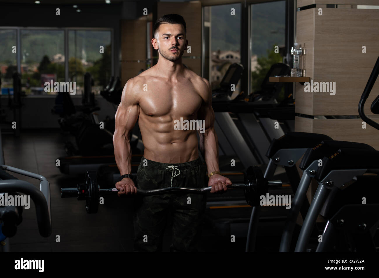 Athlete Working Out Biceps In A Gym - Dumbbell Concentration Curls ...