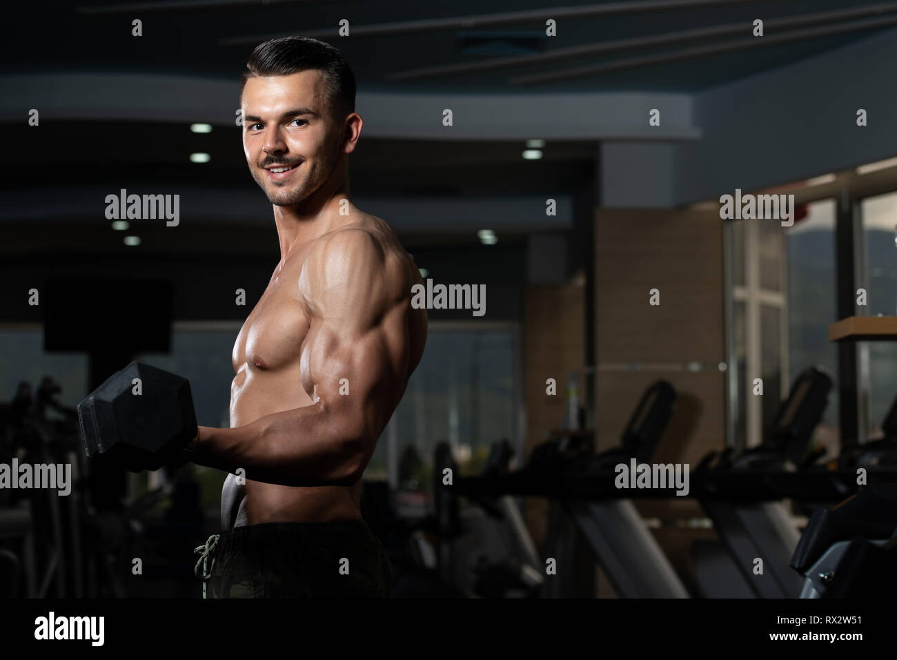 Man Working Out Biceps In A Gym - Dumbbell Concentration Curls Stock ...