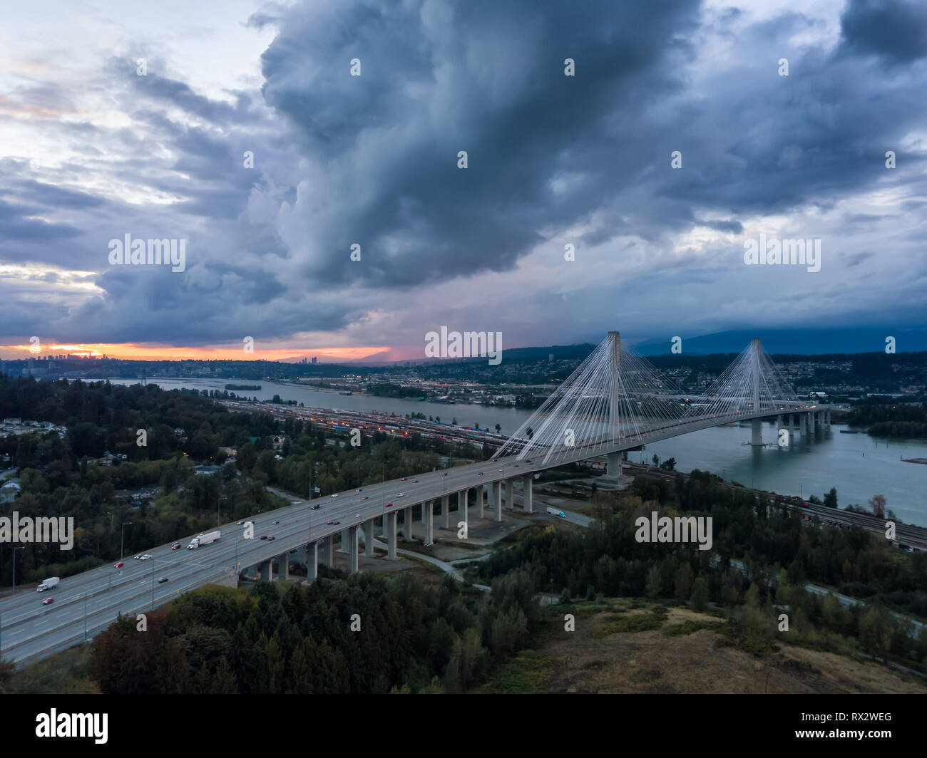 Aerial view of Trans Canada Highway near the Port Mann Bridge during a ...