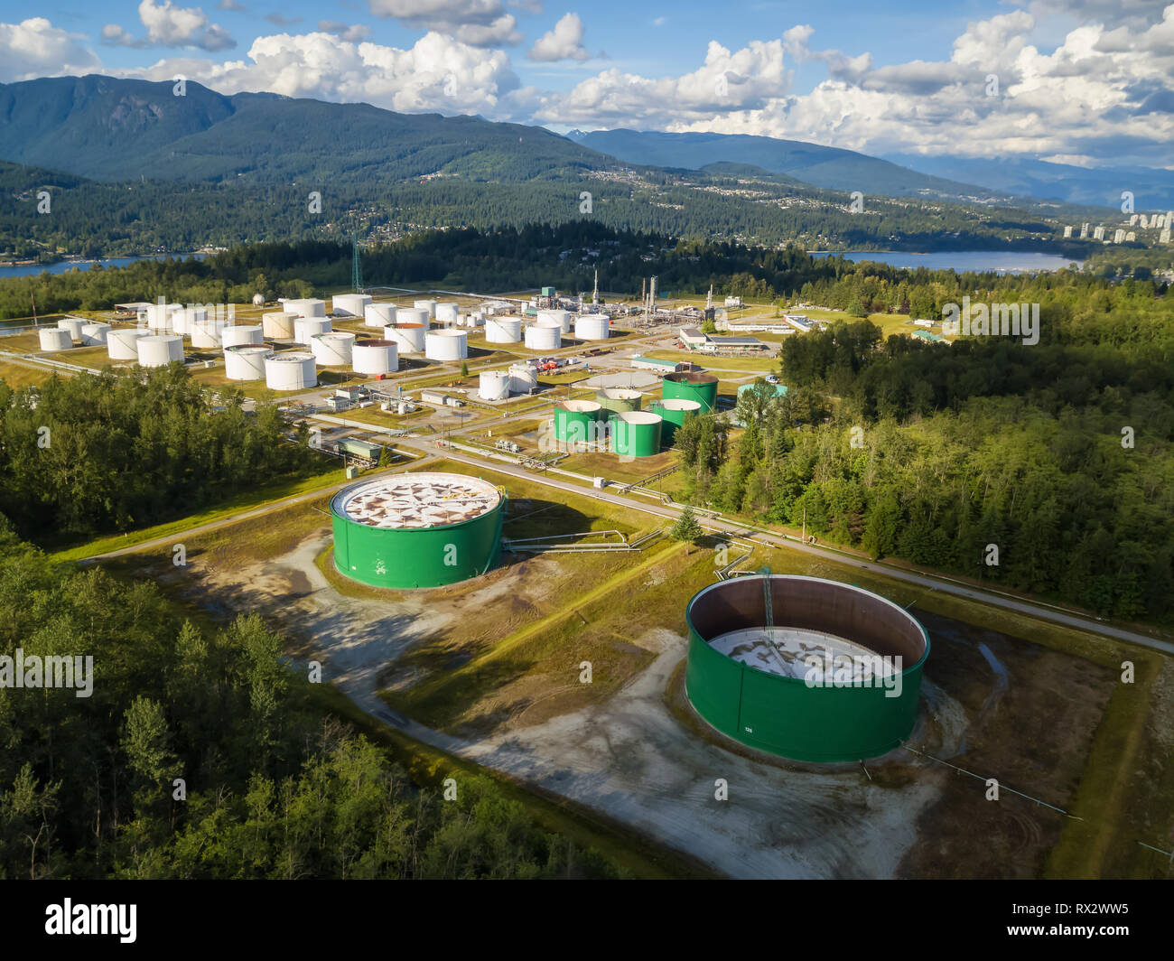 Aerial view of Oil Refinery Industrial Site in a modern city during a ...