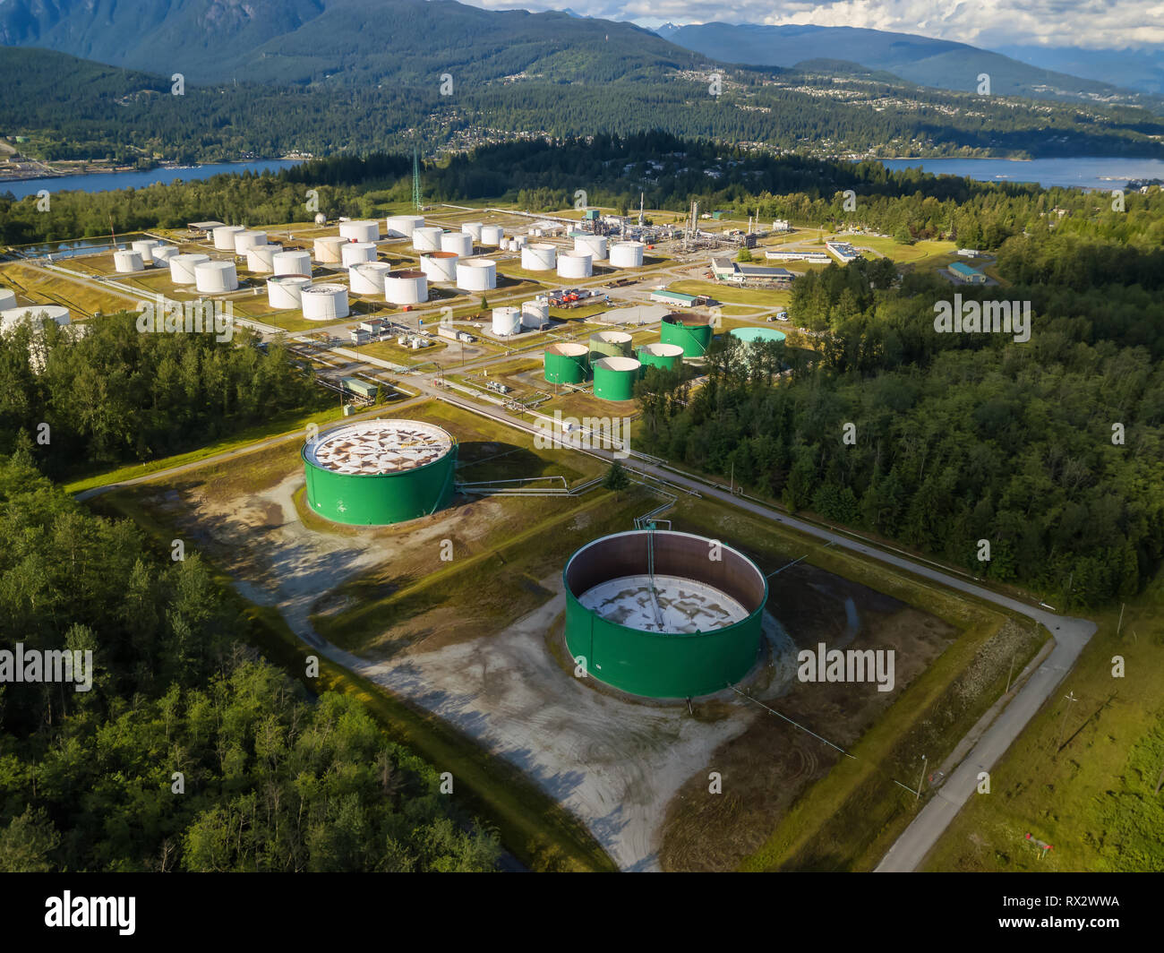 Aerial view of Oil Refinery Industrial Site in a modern city during a ...