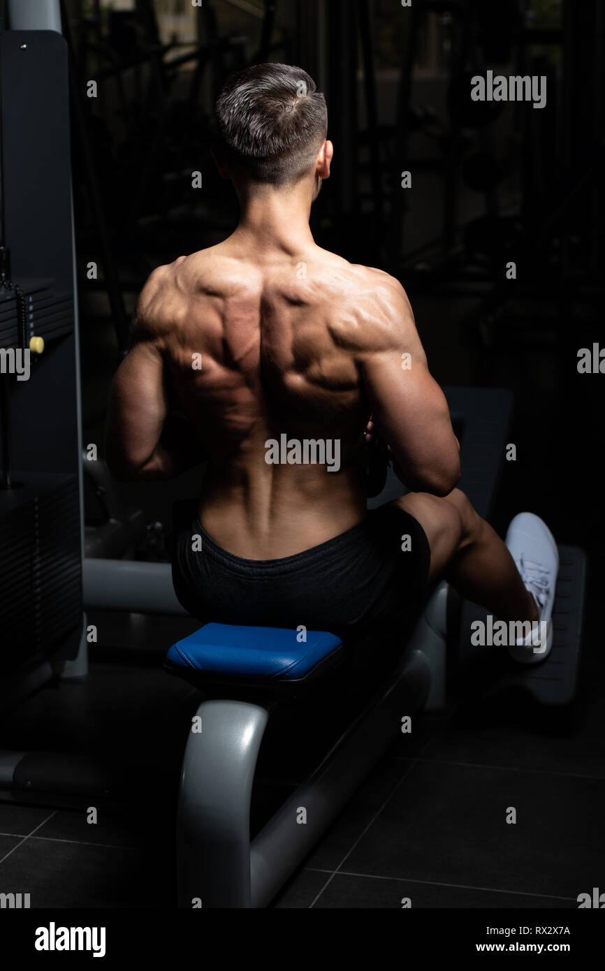 Handsome Bodybuilder Doing Heavy Weight Exercise For Back On Machine ...