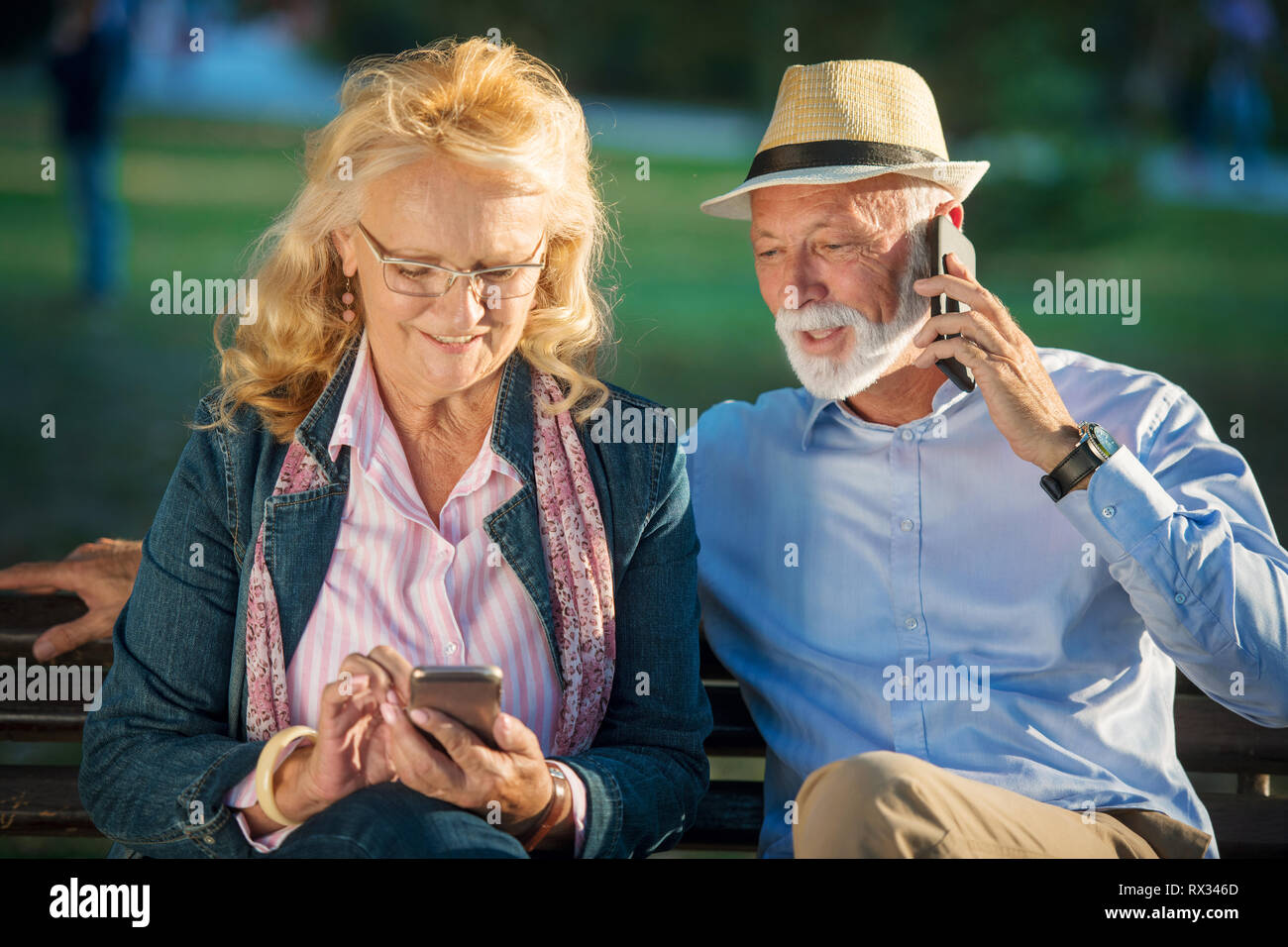 old age, technology and people concept - happy senior couple with ...