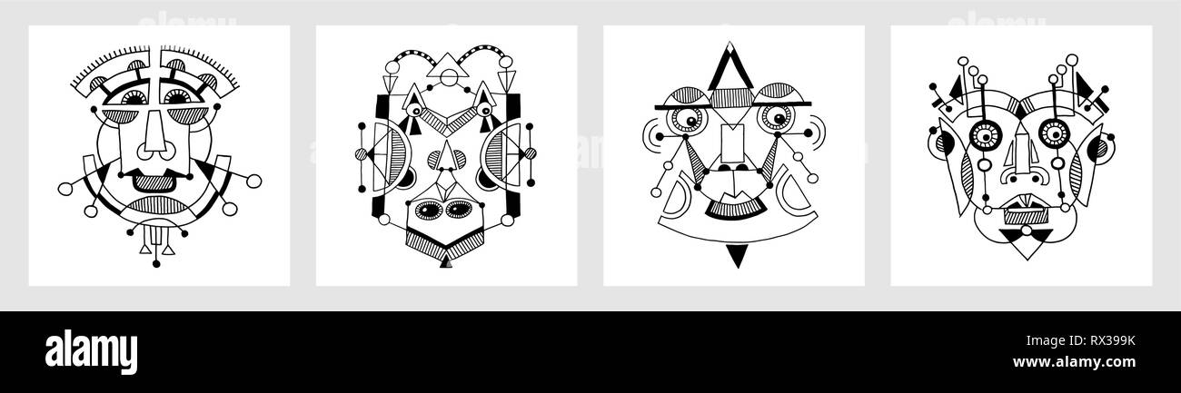 set of unusual hand draw illustration with a male face portrait Stock ...