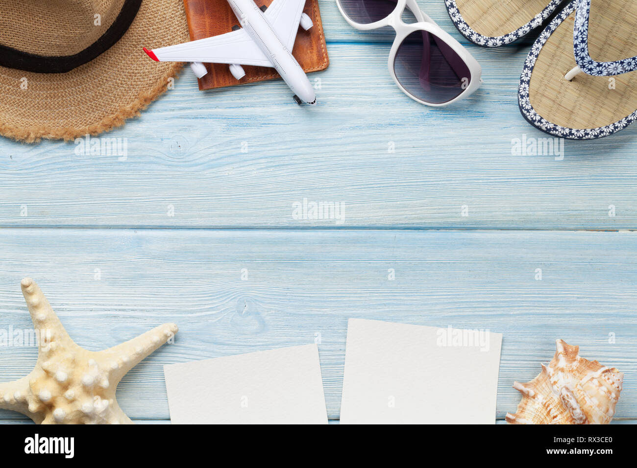 Travel vacation background concept with sunglasses, hat, camera ...