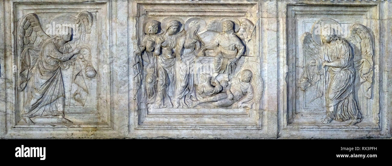 Pious women at the sepulcher and angels, detail of altar in Basilica of ...