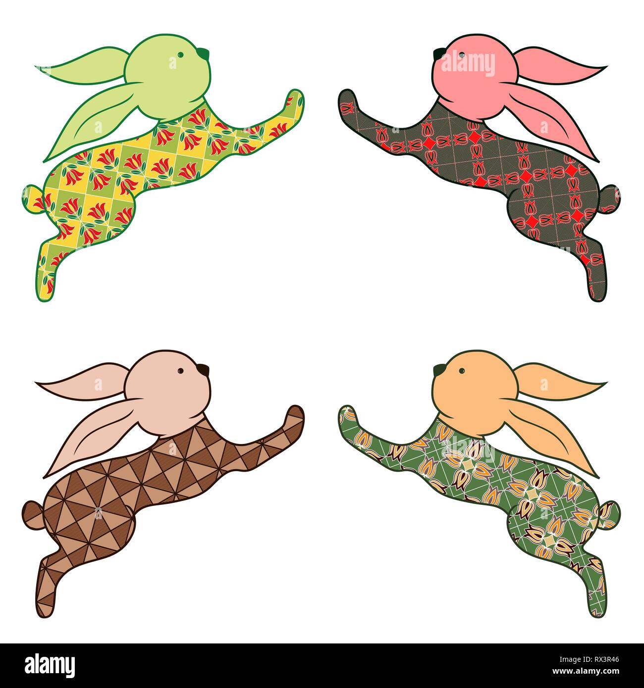 Set of four stylized colorful Easter jumping rabbits isolated on the ...