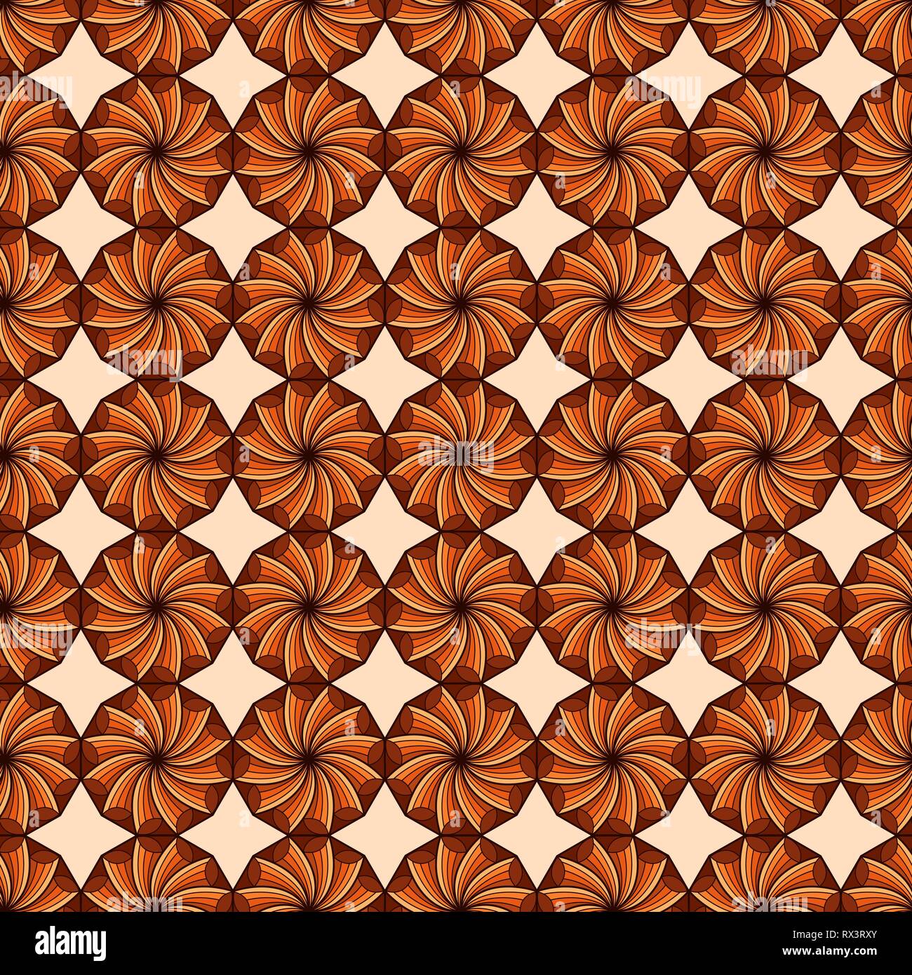 Seamless pattern composed of circular rotary figures in brown and ...