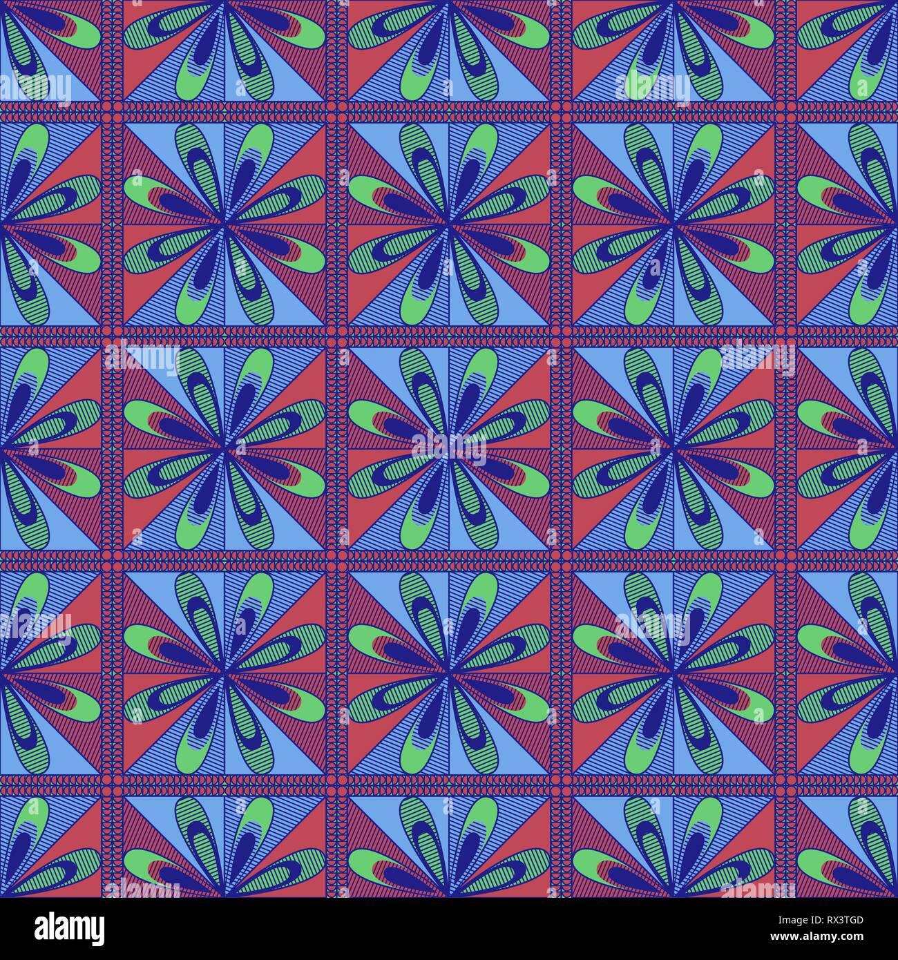 Ornamental seamless vector pattern in blue, red and green colors with ...