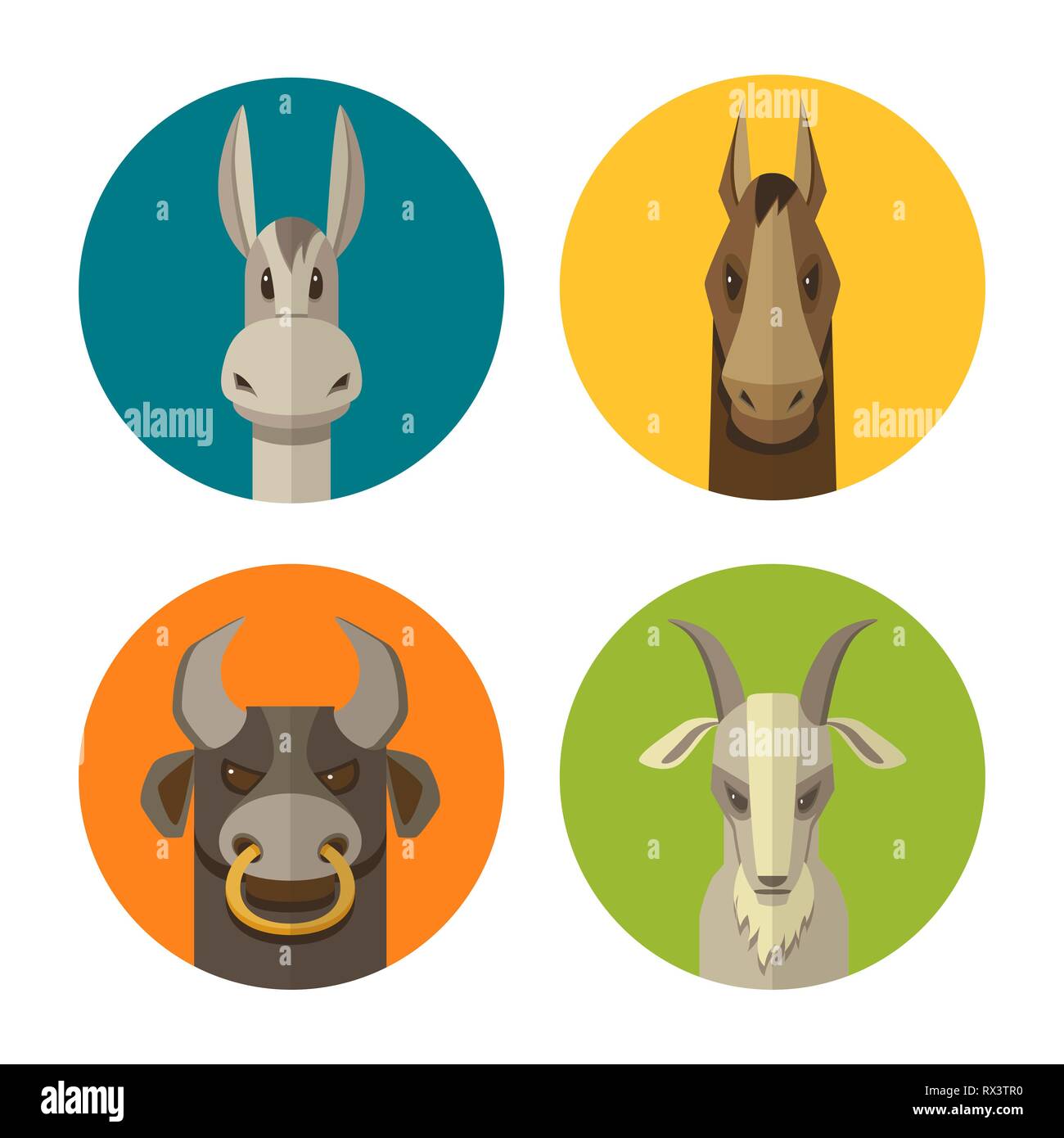 Farm animals donkey, horse, bull, goat flat design icon vector set ...