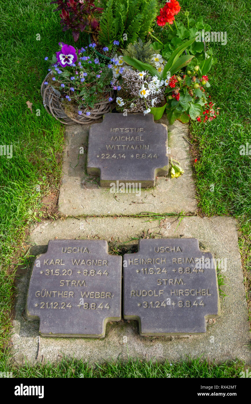 The grave markers of Michael Wittmann and his crew in the La Cambe ...