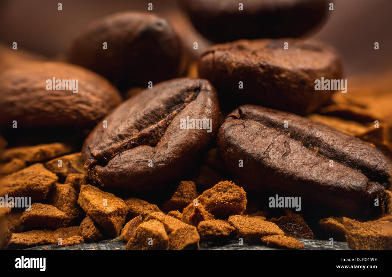 Instant Coffee and beans close-up extreme macro photography Stock Photo ...
