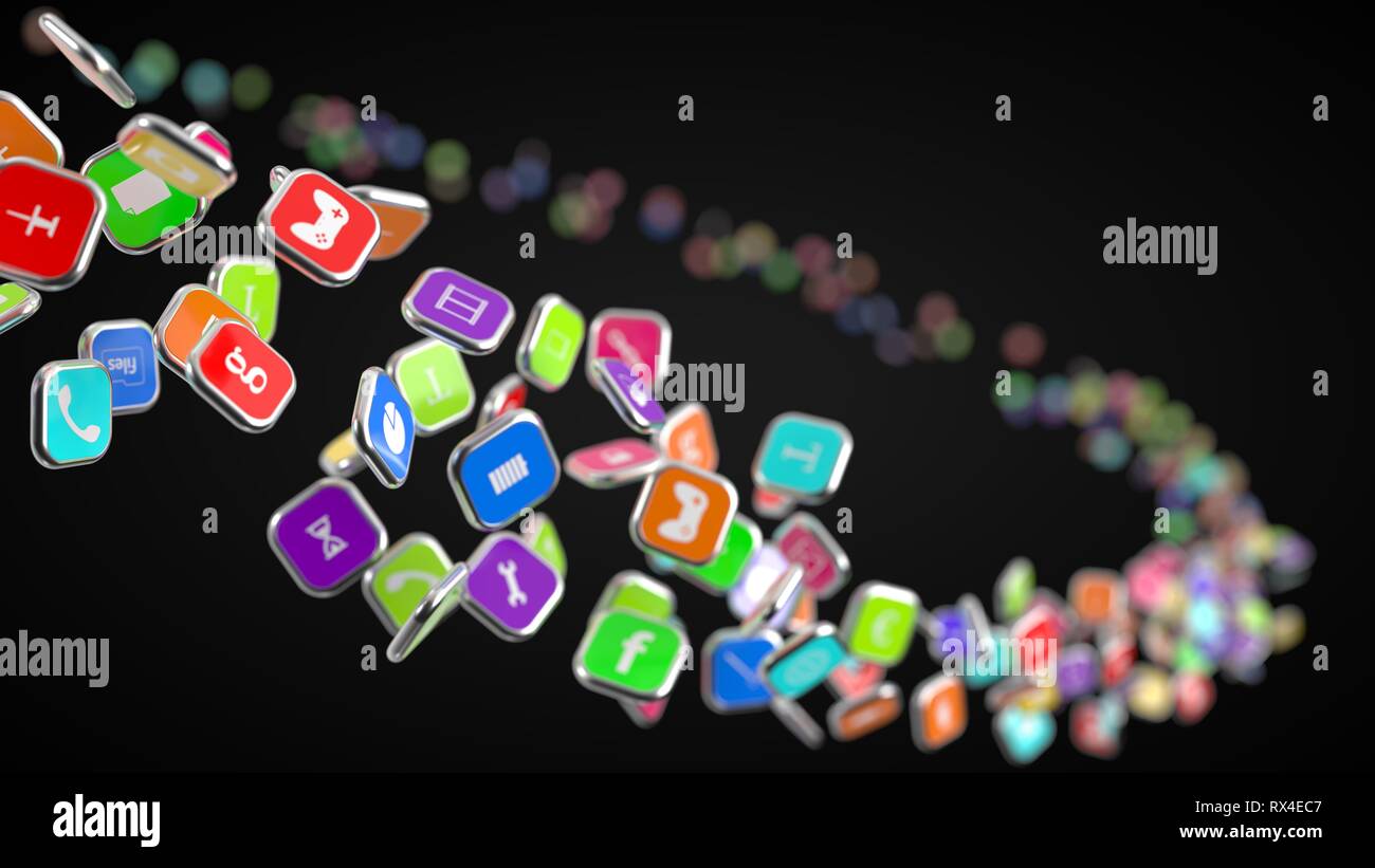 flow of smartphone app icons. 3d illustration Stock Photo - Alamy