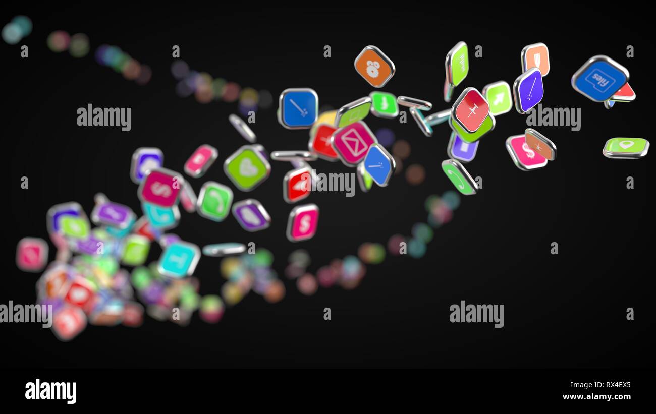 flow of smartphone app icons. 3d illustration Stock Photo - Alamy