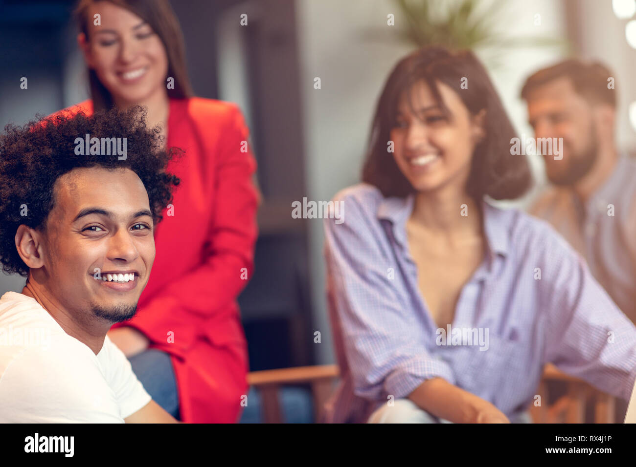 Teamwork concept.Young creative coworkers working with new startup ...