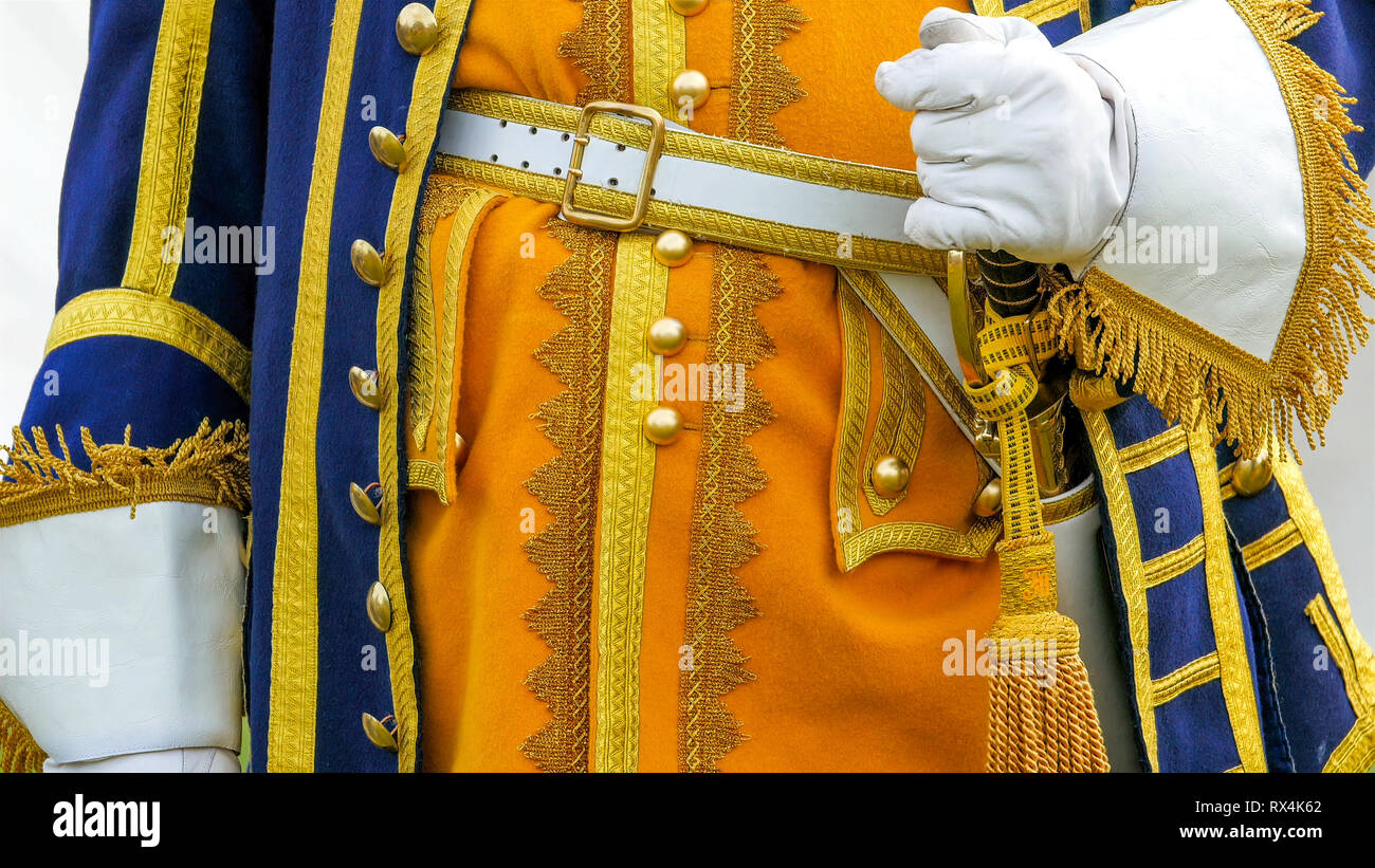 Closer look of the guards coat uniform. The uniform is gold yellow and ...