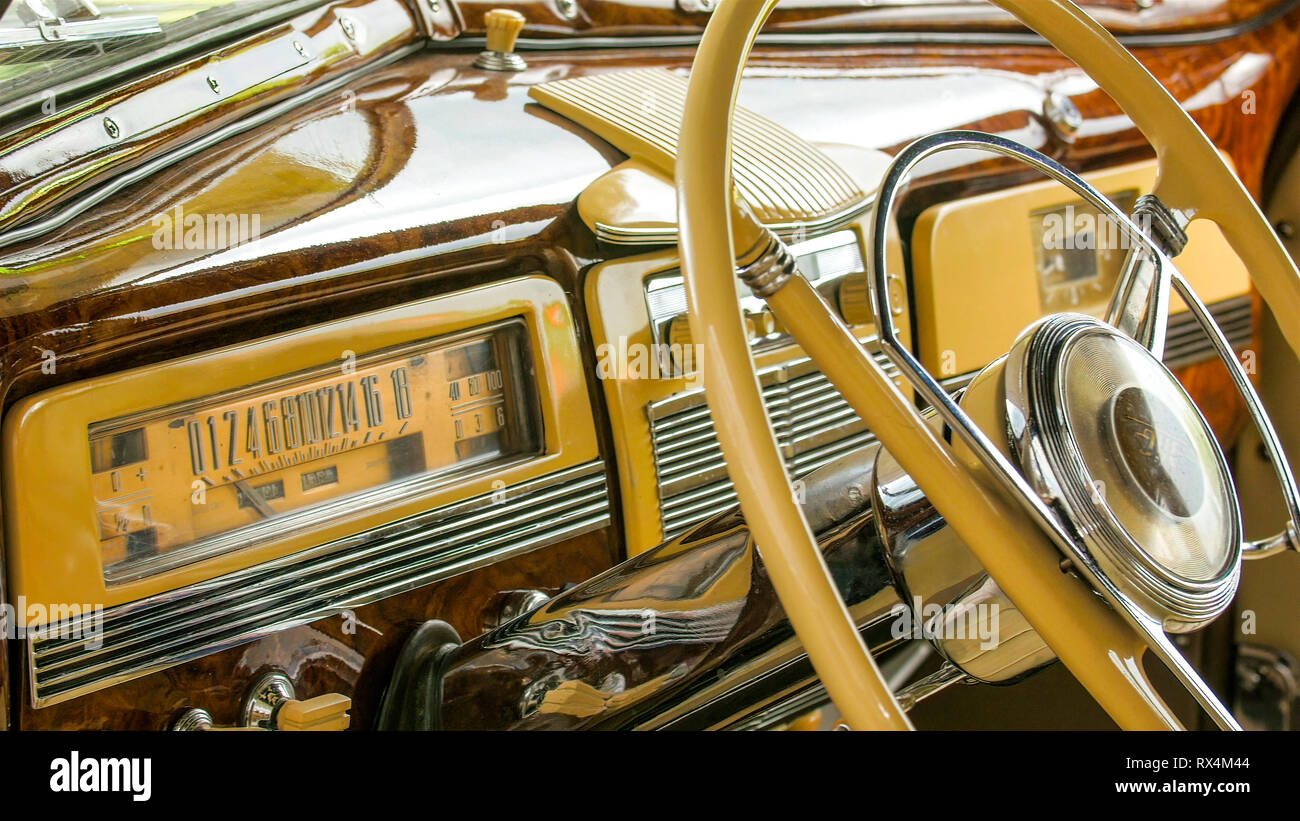 The look inside the vintage car display. The shiny car is on display on ...