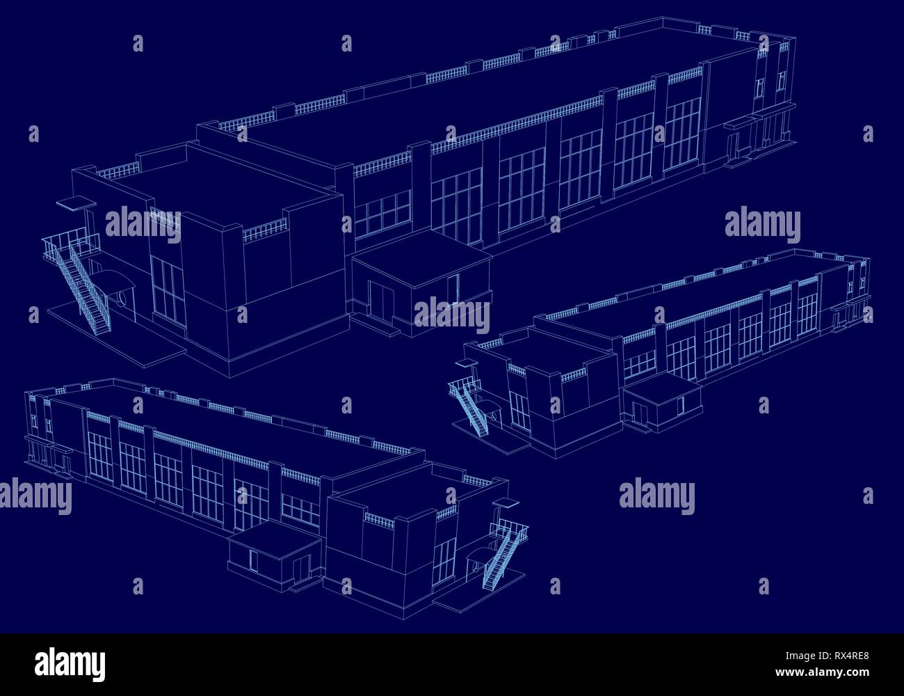 Wireframe of the building in isometric. 3D. Building with different ...