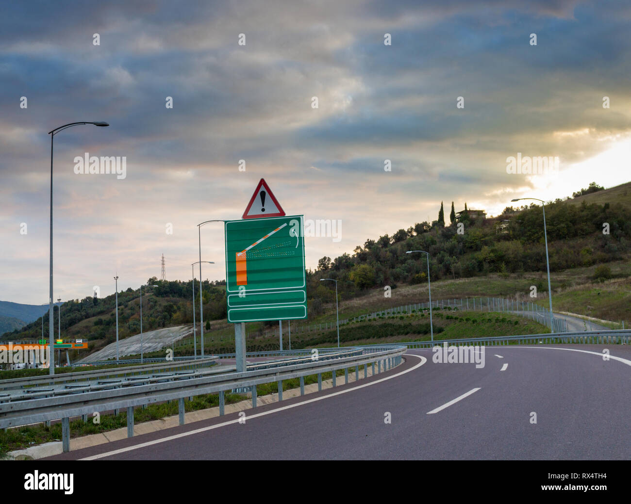 Highway motorway entrance, toll barrier, Caution traffic sign Stock ...