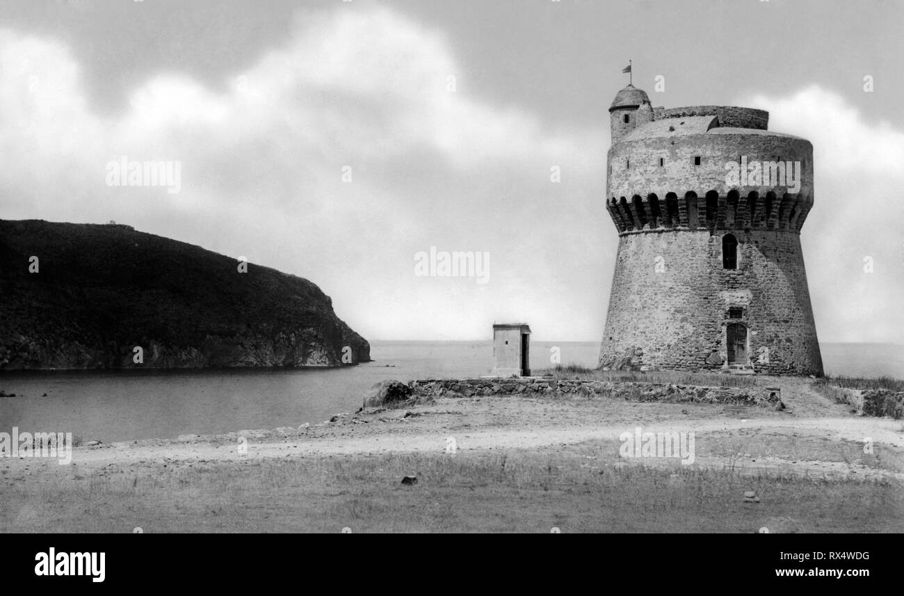 italy, tuscany, capraia island, the lookout tower overlooking the sea ...