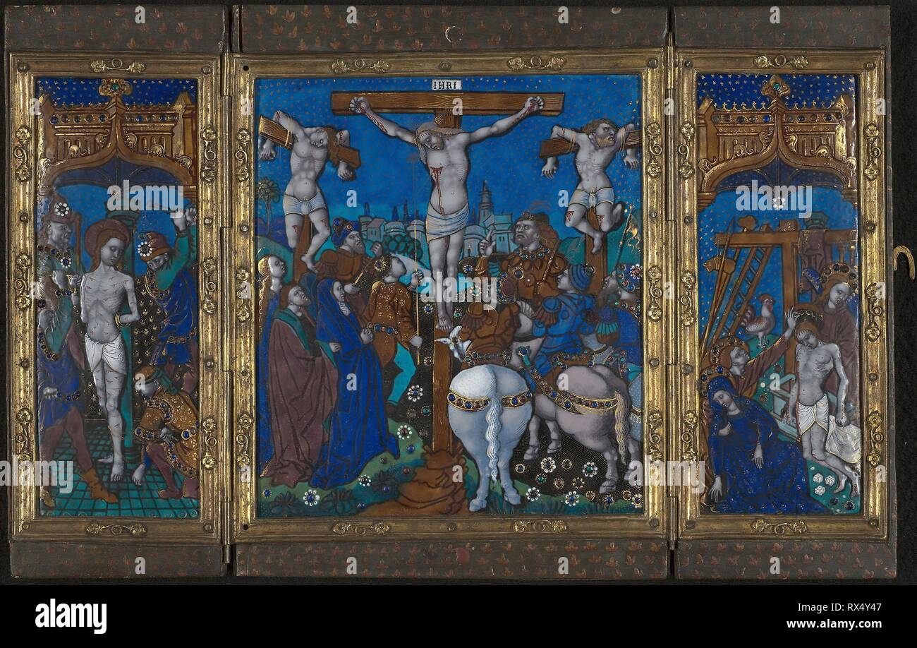 Triptych with The Crucifixion, The Flagellation, and The Entombment. French; Limoges. Date: 1490 ...