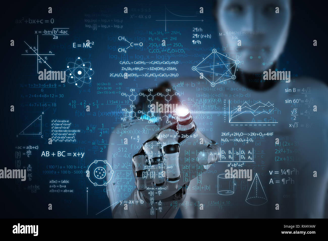 Machine learning concept with 3d rendering robot learning math formula ...