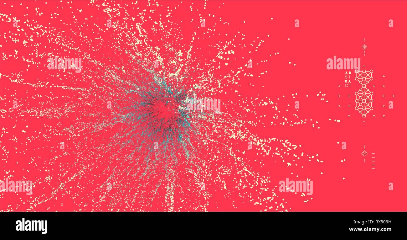 Point explode. Array with dynamic emitted particles. 3d technology style. Abstract background ...